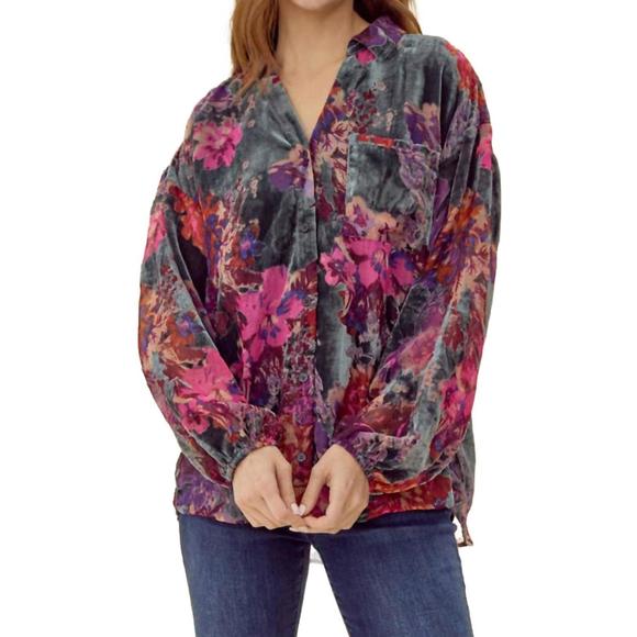JODIFL | Tops | New Jodifl Velvet Flower Print Blouse In Black Multi ...